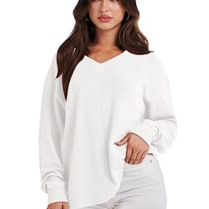 ANRABESS Women Long Sleeve Fall Shirt V Neck Off Shoulder Sweatshirt Ribbed Knit Pullover Sweater Loose Fit High Low Tunic Tops 2023 Trendy Clothes A1069baise-M White