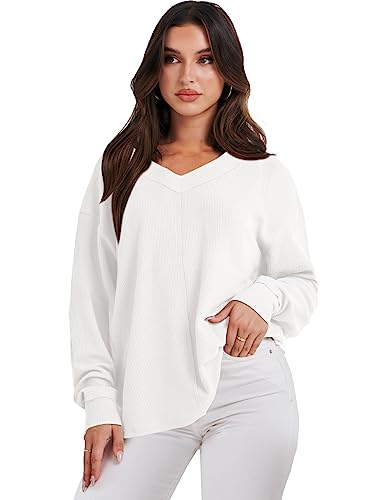 ANRABESS Women Long Sleeve Fall Shirt V Neck Off Shoulder Sweatshirt Ribbed Knit Pullover Sweater Loose Fit High Low Tunic Tops 2023 Trendy Clothes A1069baise-M White