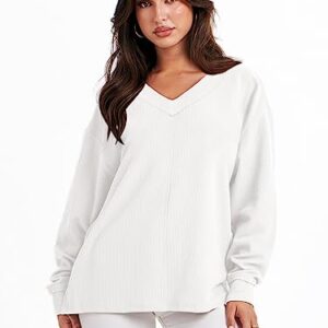 ANRABESS Women Long Sleeve Fall Shirt V Neck Off Shoulder Sweatshirt Ribbed Knit Pullover Sweater Loose Fit High Low Tunic Tops 2023 Trendy Clothes A1069baise-M White