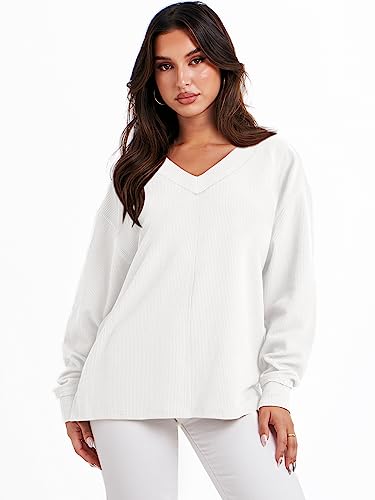 ANRABESS Women Long Sleeve Fall Shirt V Neck Off Shoulder Sweatshirt Ribbed Knit Pullover Sweater Loose Fit High Low Tunic Tops 2023 Trendy Clothes A1069baise-M White