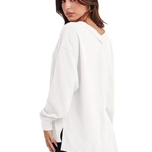 ANRABESS Women Long Sleeve Fall Shirt V Neck Off Shoulder Sweatshirt Ribbed Knit Pullover Sweater Loose Fit High Low Tunic Tops 2023 Trendy Clothes A1069baise-M White