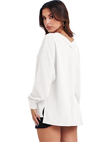 ANRABESS Women Long Sleeve Fall Shirt V Neck Off Shoulder Sweatshirt Ribbed Knit Pullover Sweater Loose Fit High Low Tunic Tops 2023 Trendy Clothes A1069baise-M White