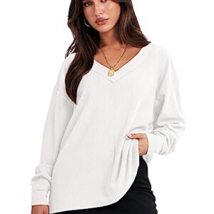 ANRABESS Women Long Sleeve Fall Shirt V Neck Off Shoulder Sweatshirt Ribbed Knit Pullover Sweater Loose Fit High Low Tunic Tops 2023 Trendy Clothes A1069baise-M White