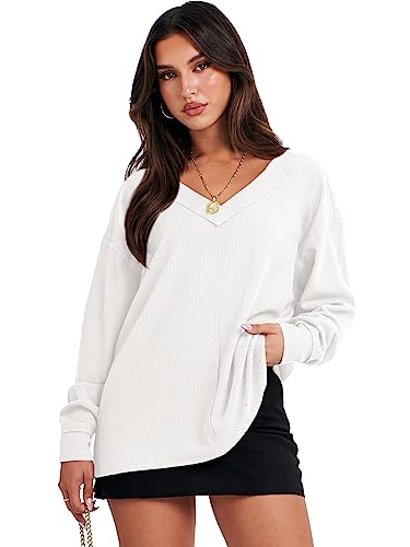 ANRABESS Women Long Sleeve Fall Shirt V Neck Off Shoulder Sweatshirt Ribbed Knit Pullover Sweater Loose Fit High Low Tunic Tops 2023 Trendy Clothes A1069baise-M White