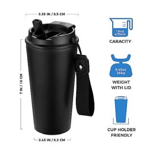 WEREWOLVES 16oz Insulated Coffee Mug with 2-in-1 Lid and Straw, 100% Leak Proof Travel Coffee Mug, Reusable Coffee Tumbler, Double Walled Stainless Steel Coffee Cup (Black)