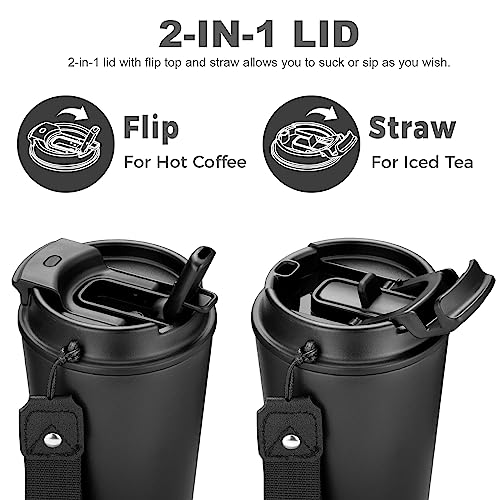 WEREWOLVES 16oz Insulated Coffee Mug with 2-in-1 Lid and Straw, 100% Leak Proof Travel Coffee Mug, Reusable Coffee Tumbler, Double Walled Stainless Steel Coffee Cup (Black)