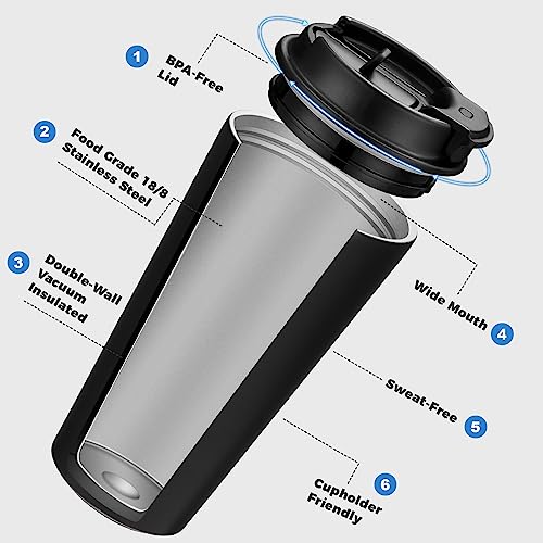 WEREWOLVES 16oz Insulated Coffee Mug with 2-in-1 Lid and Straw, 100% Leak Proof Travel Coffee Mug, Reusable Coffee Tumbler, Double Walled Stainless Steel Coffee Cup (Black)