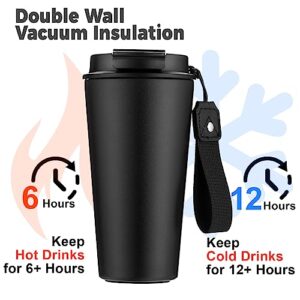 WEREWOLVES 16oz Insulated Coffee Mug with 2-in-1 Lid and Straw, 100% Leak Proof Travel Coffee Mug, Reusable Coffee Tumbler, Double Walled Stainless Steel Coffee Cup (Black)