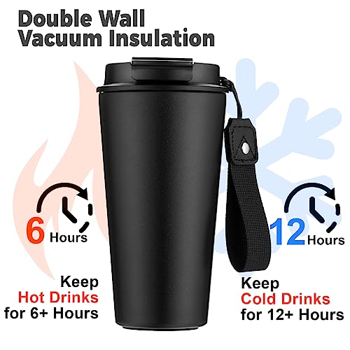 WEREWOLVES 16oz Insulated Coffee Mug with 2-in-1 Lid and Straw, 100% Leak Proof Travel Coffee Mug, Reusable Coffee Tumbler, Double Walled Stainless Steel Coffee Cup (Black)