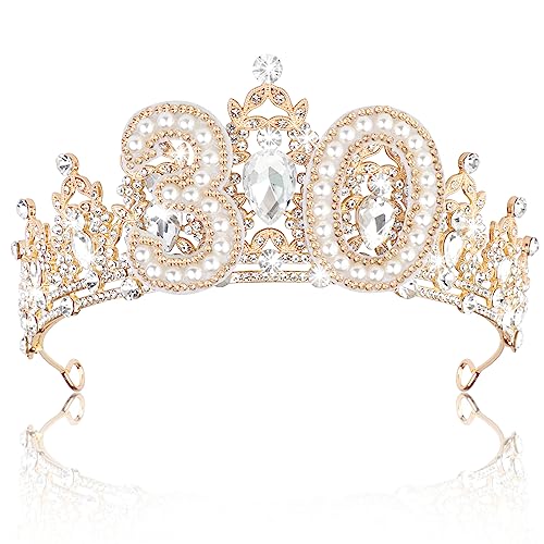 JUSTOTRY 30th Birthday Crown Headband - 30th Birthday Outfit Gifts for Women Rhinestone Headband with Peals for 30th Birthday Decorations