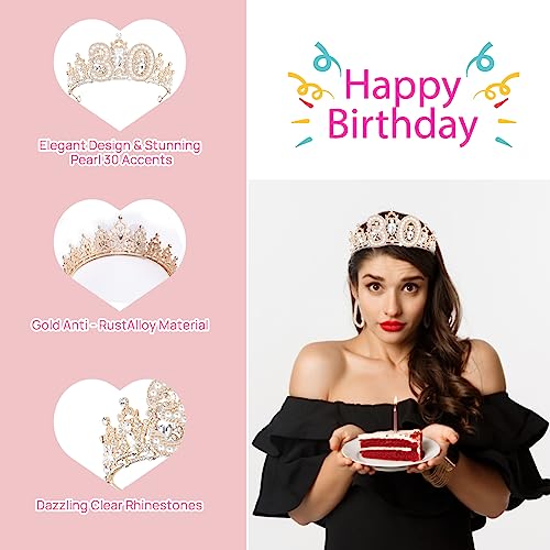 JUSTOTRY 30th Birthday Crown Headband - 30th Birthday Outfit Gifts for Women Rhinestone Headband with Peals for 30th Birthday Decorations