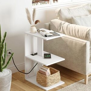 yusong end table with charging station, narrow side tables for small spaces with usb ports & outlets skinny nightstand bedside sofa couch side slim 3 shelf night stand for living room, bedroom,white