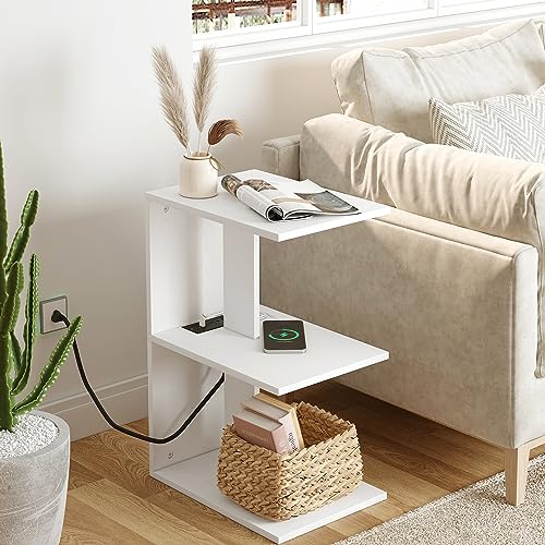 Yusong End Table with Charging Station, Narrow Side Tables for Small Spaces with USB Ports & Outlets Skinny Nightstand Bedside Sofa Couch Side Slim 3 Shelf Night Stand for Living Room, Bedroom,White