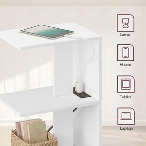 Yusong End Table with Charging Station, Narrow Side Tables for Small Spaces with USB Ports & Outlets Skinny Nightstand Bedside Sofa Couch Side Slim 3 Shelf Night Stand for Living Room, Bedroom,White