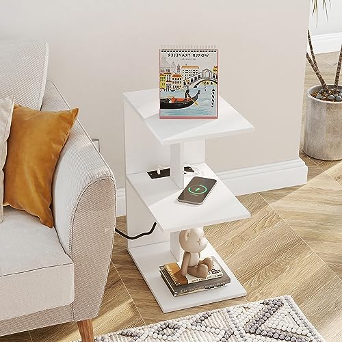 Yusong End Table with Charging Station, Narrow Side Tables for Small Spaces with USB Ports & Outlets Skinny Nightstand Bedside Sofa Couch Side Slim 3 Shelf Night Stand for Living Room, Bedroom,White