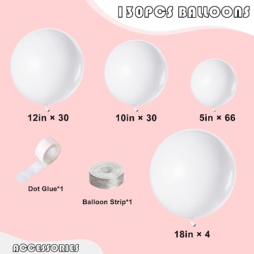 130PCS White Balloons Different Sizes 18" 12" 10" 5" Balloon Garland Arch Kit perfect for Birthday Party, Graduation, Baby Shower, Wedding, Holiday Decoration and Anniversary (White balloons)