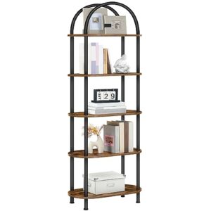 hoobro 5 tier bookshelf, industrial bookcase arched, tall standing bookshelves and bookcases, open storage shelves, wooden book shelf for bedroom, living room, rustic brown bookshelf bf176sj01