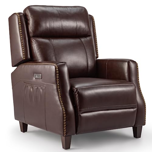 BMBMT Genuine Leather Recliner Chair Sofa with Double Layer Backrest, Power Recliner, Retro Rivet Design, High-Density Sponge Recliner Chair for Living Room, Brown