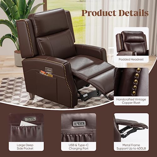 BMBMT Genuine Leather Recliner Chair Sofa with Double Layer Backrest, Power Recliner, Retro Rivet Design, High-Density Sponge Recliner Chair for Living Room, Brown