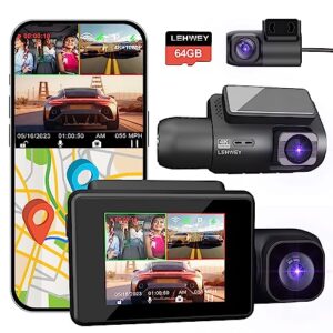 dash cam camera for cars dashcam - lehwey 3 channel dash camera 4k 2160p+1440p+1080p front rear inside, built in wifi gps, with 64gb card, night vision, g-sensor parking mode, 170°angle loop recording