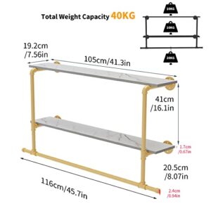 MOUTIK Wall Clothing Rack Gold - 46" Long Industrial Pipe Garment Rack with 2 Tier Shelves, Heavy Duty Iron Clothes Rod Retail Display for Bedroom, Laundry