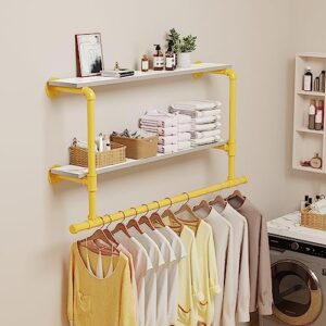 MOUTIK Wall Clothing Rack Gold - 46" Long Industrial Pipe Garment Rack with 2 Tier Shelves, Heavy Duty Iron Clothes Rod Retail Display for Bedroom, Laundry