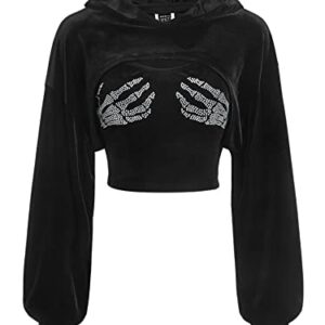 Verdusa Women's 2pc Rhinestone Skeleton Pattern Cami Crop Top Hoodie Cover Up Sweatshirt Black M