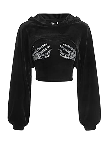 Verdusa Women's 2pc Rhinestone Skeleton Pattern Cami Crop Top Hoodie Cover Up Sweatshirt Black M