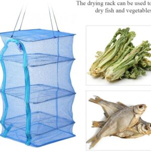 Drying Rack 4 Layers Folding Fish Mesh, Vegetable Fish Dish Screen Hanging Foldable Drying Mesh Storage Bag Blue (4 Layers)