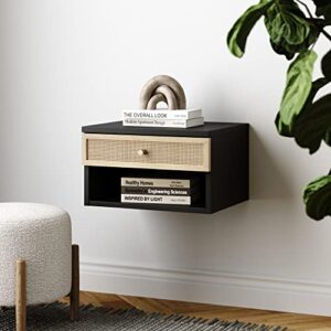 nathan james jackson modern floating bedside nightstand with drawer, 1, black/rattan