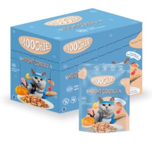 moochie wet cat food - weight management - grain free wet cat food - minced salmon & prebiotics - no added preservatives or artifical flavoring - adult cat food - 12 x 2.5oz pouch