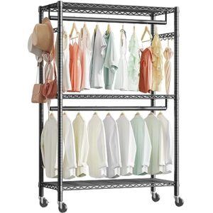 dekyhome portable closet, clothing rack with storage shelves, 3 tiers adjustable wire heavy duty rolling garment rack, freestanding closet organization systems with double rods and side hooks