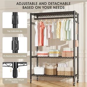 DEKYHOME Portable Closet, Clothing Rack with Storage Shelves, 3 Tiers Adjustable Wire Heavy Duty Rolling Garment Rack, Freestanding Closet Organization Systems with Double Rods and Side Hooks