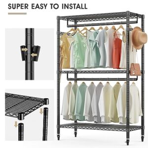 DEKYHOME Portable Closet, Clothing Rack with Storage Shelves, 3 Tiers Adjustable Wire Heavy Duty Rolling Garment Rack, Freestanding Closet Organization Systems with Double Rods and Side Hooks