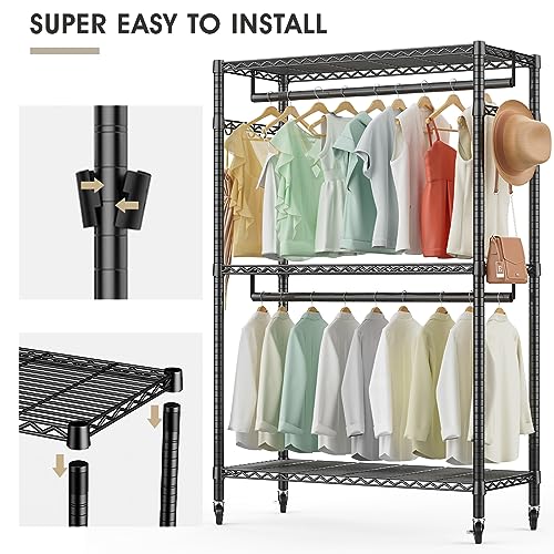 DEKYHOME Portable Closet, Clothing Rack with Storage Shelves, 3 Tiers Adjustable Wire Heavy Duty Rolling Garment Rack, Freestanding Closet Organization Systems with Double Rods and Side Hooks