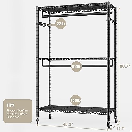 DEKYHOME Portable Closet, Clothing Rack with Storage Shelves, 3 Tiers Adjustable Wire Heavy Duty Rolling Garment Rack, Freestanding Closet Organization Systems with Double Rods and Side Hooks