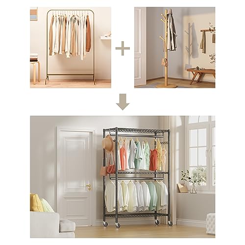 DEKYHOME Portable Closet, Clothing Rack with Storage Shelves, 3 Tiers Adjustable Wire Heavy Duty Rolling Garment Rack, Freestanding Closet Organization Systems with Double Rods and Side Hooks