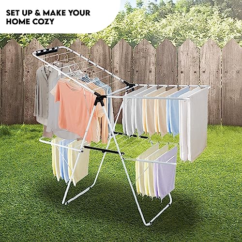 JADecor Home Clothes Drying Steel Rack, 2-Level Foldable Clothes Drying Rack with Adjustable Gullwing, 33 Drying Rails, Sock Clips, Freestanding Laundry Rack