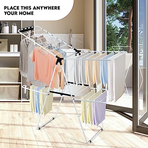 JADecor Home Clothes Drying Steel Rack, 2-Level Foldable Clothes Drying Rack with Adjustable Gullwing, 33 Drying Rails, Sock Clips, Freestanding Laundry Rack