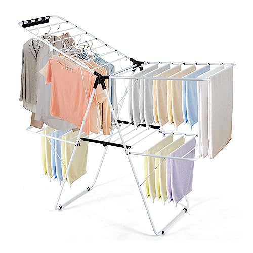 JADecor Home Clothes Drying Steel Rack, 2-Level Foldable Clothes Drying Rack with Adjustable Gullwing, 33 Drying Rails, Sock Clips, Freestanding Laundry Rack