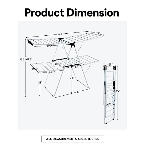 JADecor Home Clothes Drying Steel Rack, 2-Level Foldable Clothes Drying Rack with Adjustable Gullwing, 33 Drying Rails, Sock Clips, Freestanding Laundry Rack