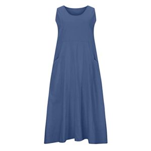 amidoa Summer Cotton Linen Dresses for Women Baggy Loose Sleeveless Summer Midi Dress Ladies Flowy Tank Dress with Pockets