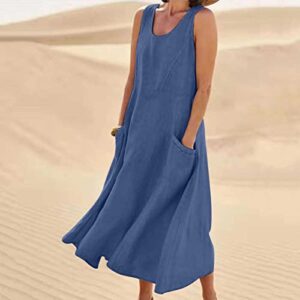 amidoa Summer Cotton Linen Dresses for Women Baggy Loose Sleeveless Summer Midi Dress Ladies Flowy Tank Dress with Pockets