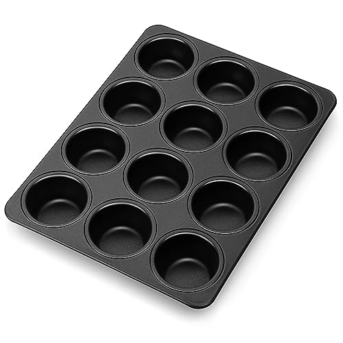 P&P CHEF 12 Cup Muffin Pan, Cupcake Pan, Non-stick Stainless Steel Baking Tin Tray for Mini Muffin Cupcake Tart, Easy Release & Clean, Non-toxic & Durable, Black