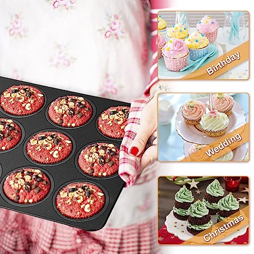 P&P CHEF 12 Cup Muffin Pan, Cupcake Pan, Non-stick Stainless Steel Baking Tin Tray for Mini Muffin Cupcake Tart, Easy Release & Clean, Non-toxic & Durable, Black