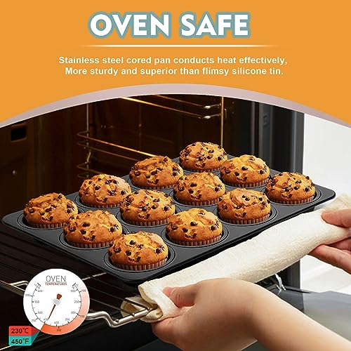 P&P CHEF 12 Cup Muffin Pan, Cupcake Pan, Non-stick Stainless Steel Baking Tin Tray for Mini Muffin Cupcake Tart, Easy Release & Clean, Non-toxic & Durable, Black