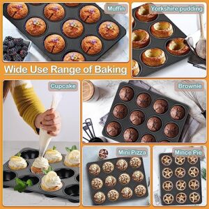 P&P CHEF 12 Cup Muffin Pan, Cupcake Pan, Non-stick Stainless Steel Baking Tin Tray for Mini Muffin Cupcake Tart, Easy Release & Clean, Non-toxic & Durable, Black