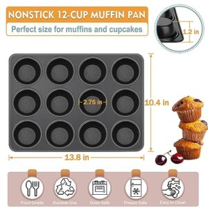 P&P CHEF 12 Cup Muffin Pan, Cupcake Pan, Non-stick Stainless Steel Baking Tin Tray for Mini Muffin Cupcake Tart, Easy Release & Clean, Non-toxic & Durable, Black