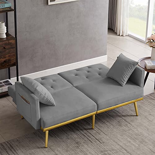 Antetek Convertible Futon Sofa Bed, 59-inch Modern Velvet Sleeper Sofa Small Loveseat with Two Pillows, 3 Adjustable Positions and 6 Golden Metal Legs Furniture for Living Room and Bedroom, Grey