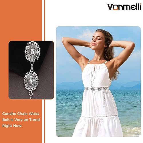 VONMELLI Western Chain Belt for Women Concho Silver Link Chain Belts for Jeans Dresses Silver S